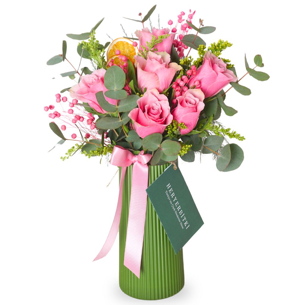 Floral Pembe Güller Buketi Yeşil Vazolu - Heryerbitki